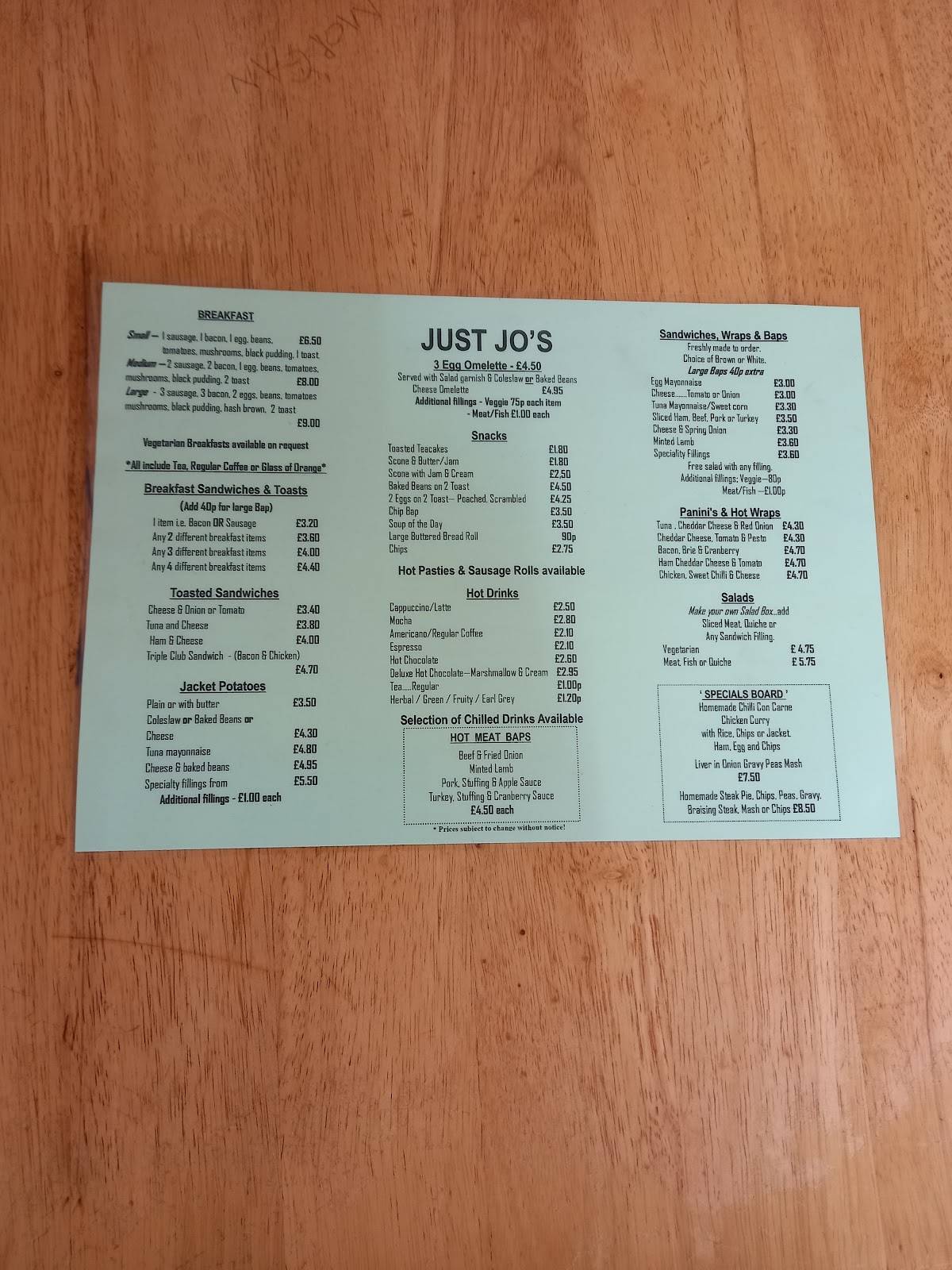 Menu at Just Jo's cafe, Deeside