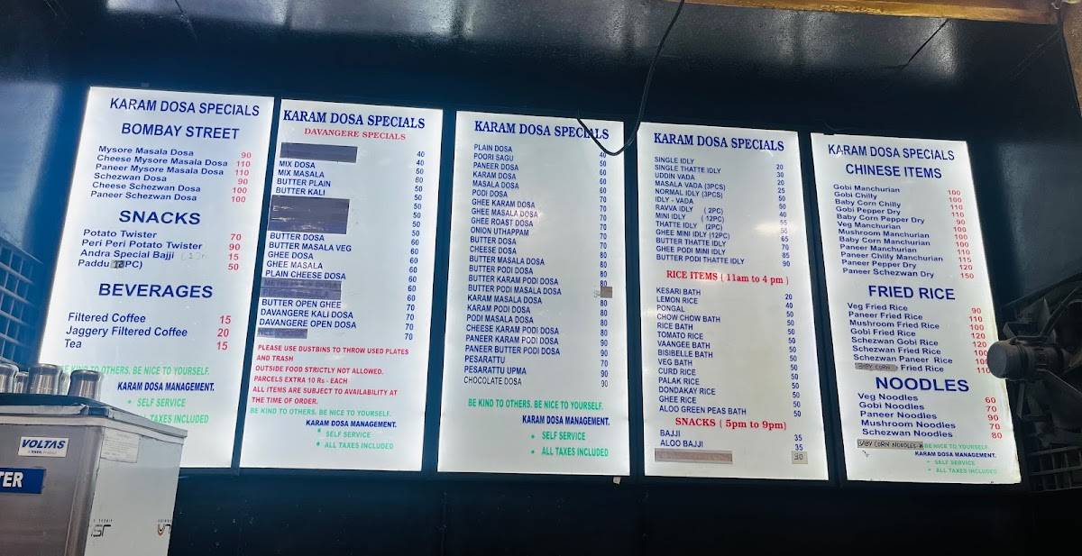 Menu at KARAM DOSA, Bengaluru