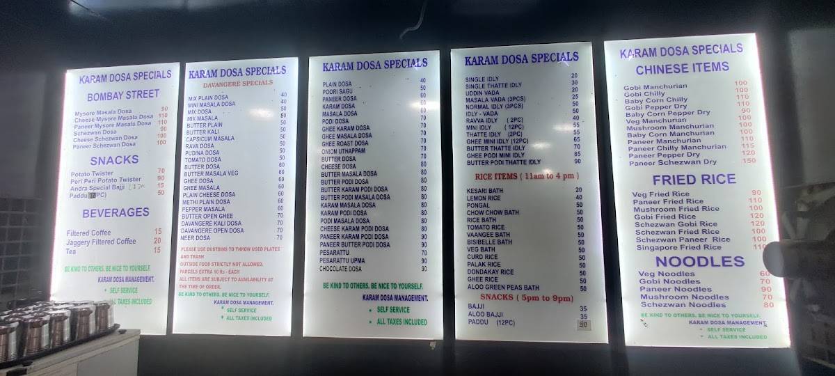 Menu at KARAM DOSA, Bengaluru