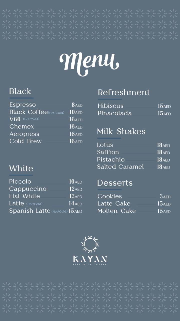Menu at KAYAN CAFE, UAE