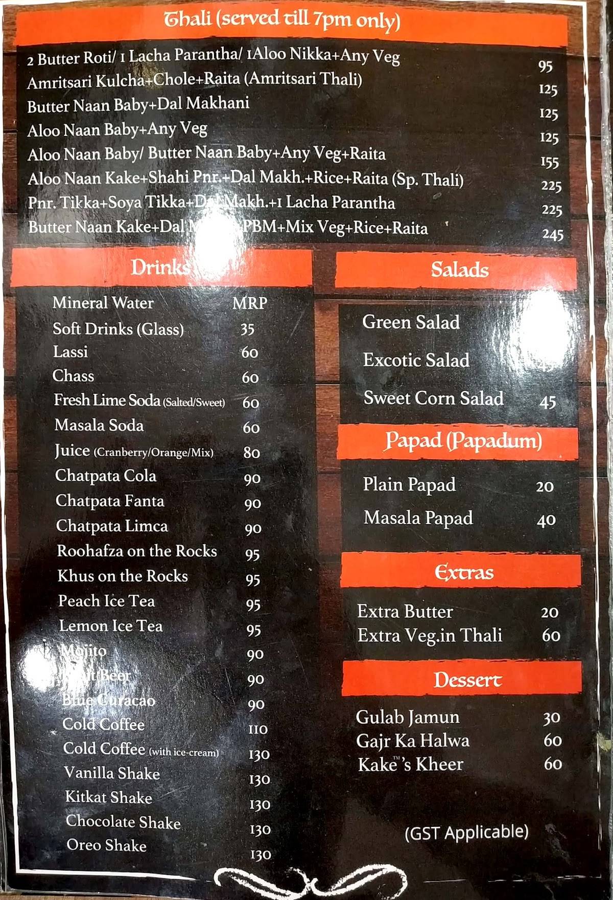 Menu at Kake Di Hatti, Delhi, chalte firte