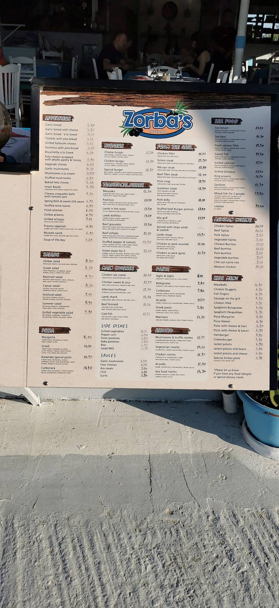 Menu at Zorba's, Zakinthos