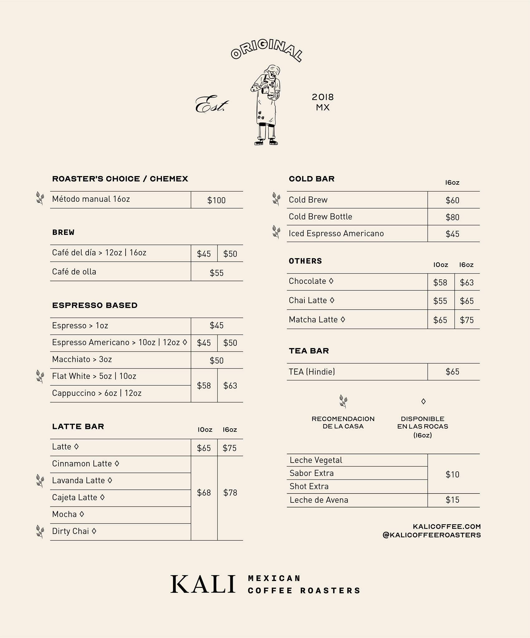 Carta del café Kali Coffee Roasters, San Pedro Garza García, Eje ...