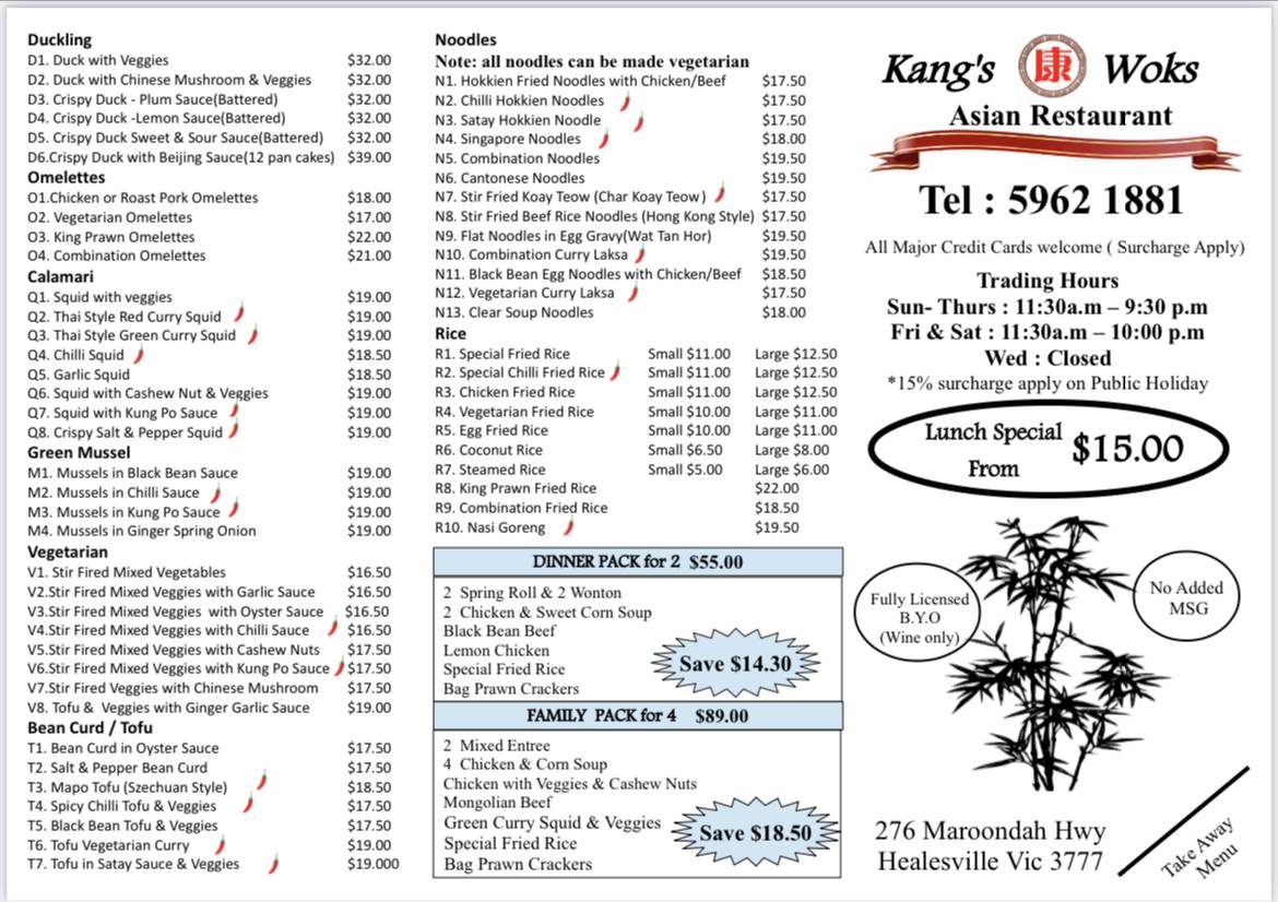 Menu at Kang's Woks Asian Restaurant, Healesville