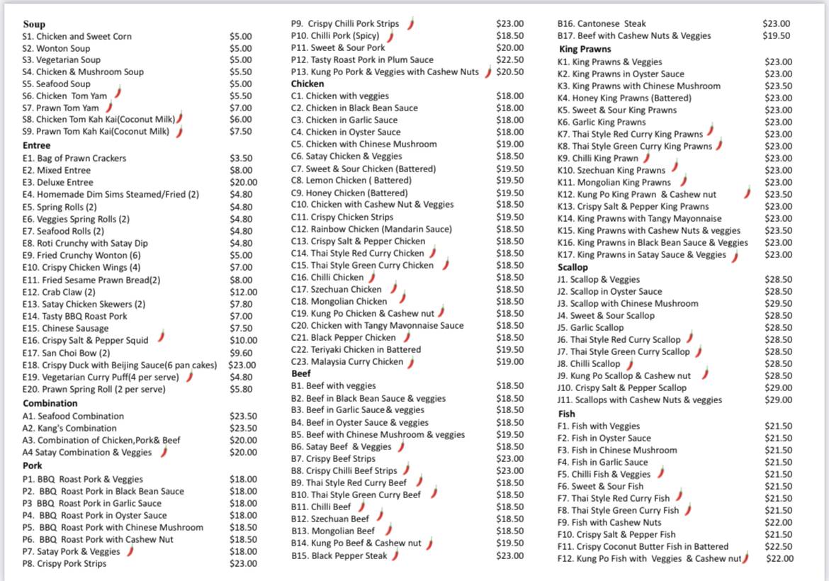 Menu at Kang's Woks Asian Restaurant, Healesville