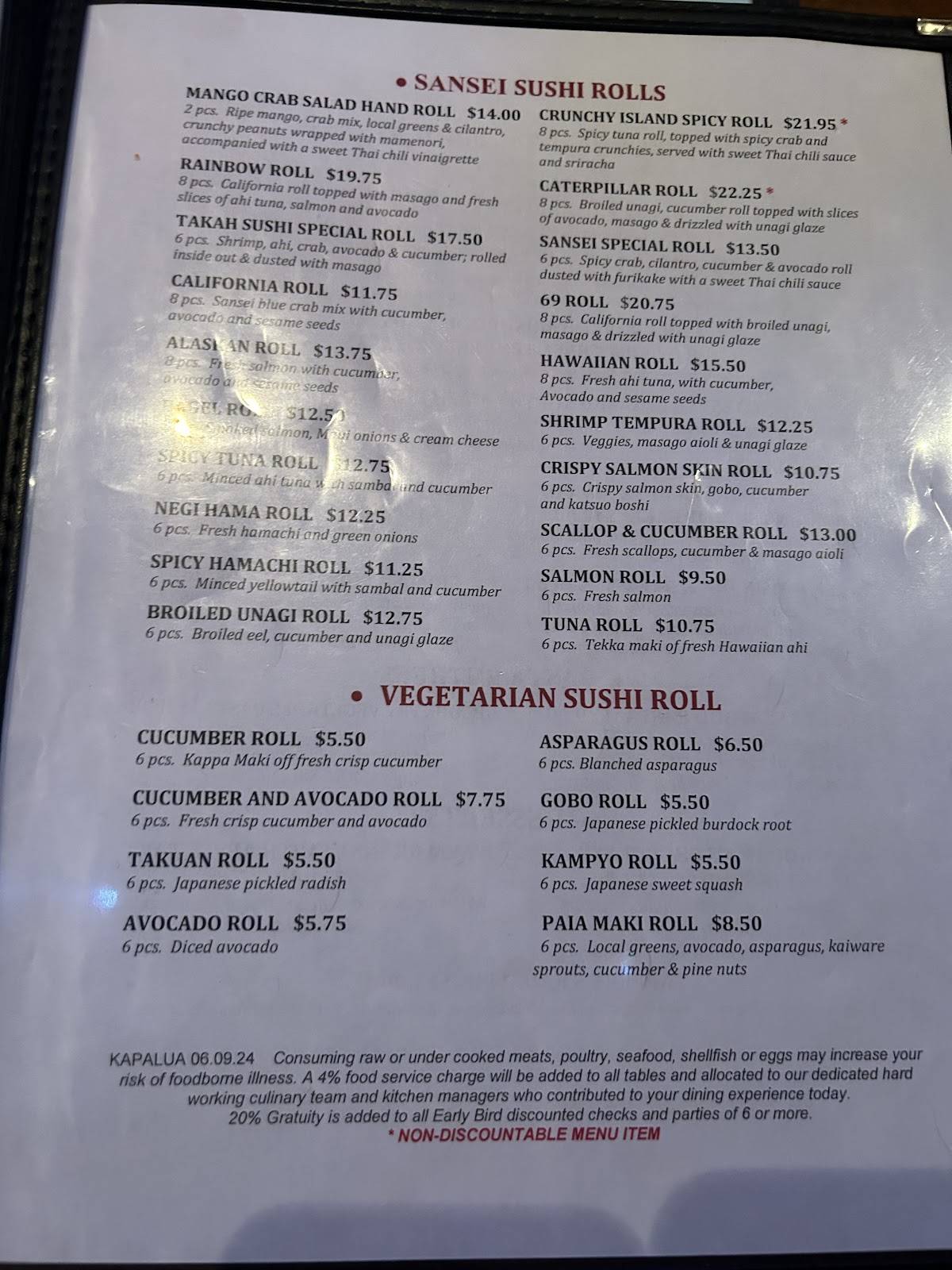 Menu at Sansei Seafood Restaurant & Sushi Bar, Kapalua