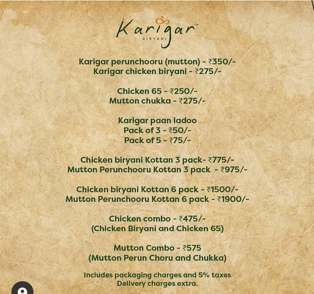 Menu at Karigar Biryani T.Nagar, Chennai