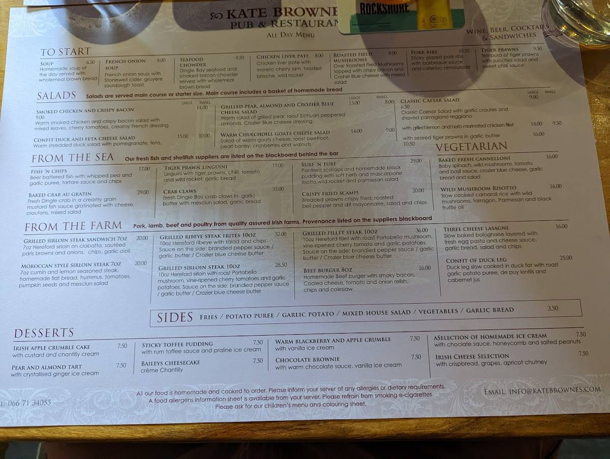 Menu at Kate Browne's Restaurant & Bar, Ardfert