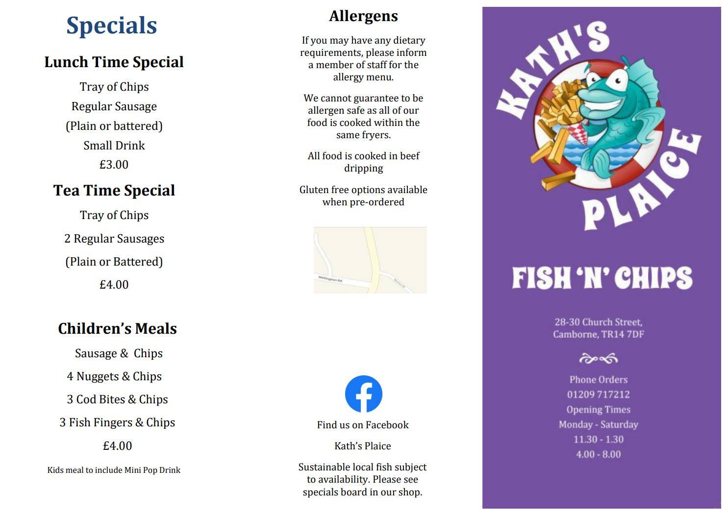 Menu at Kath’s Plaice Fish and Chips restaurant, Camborne