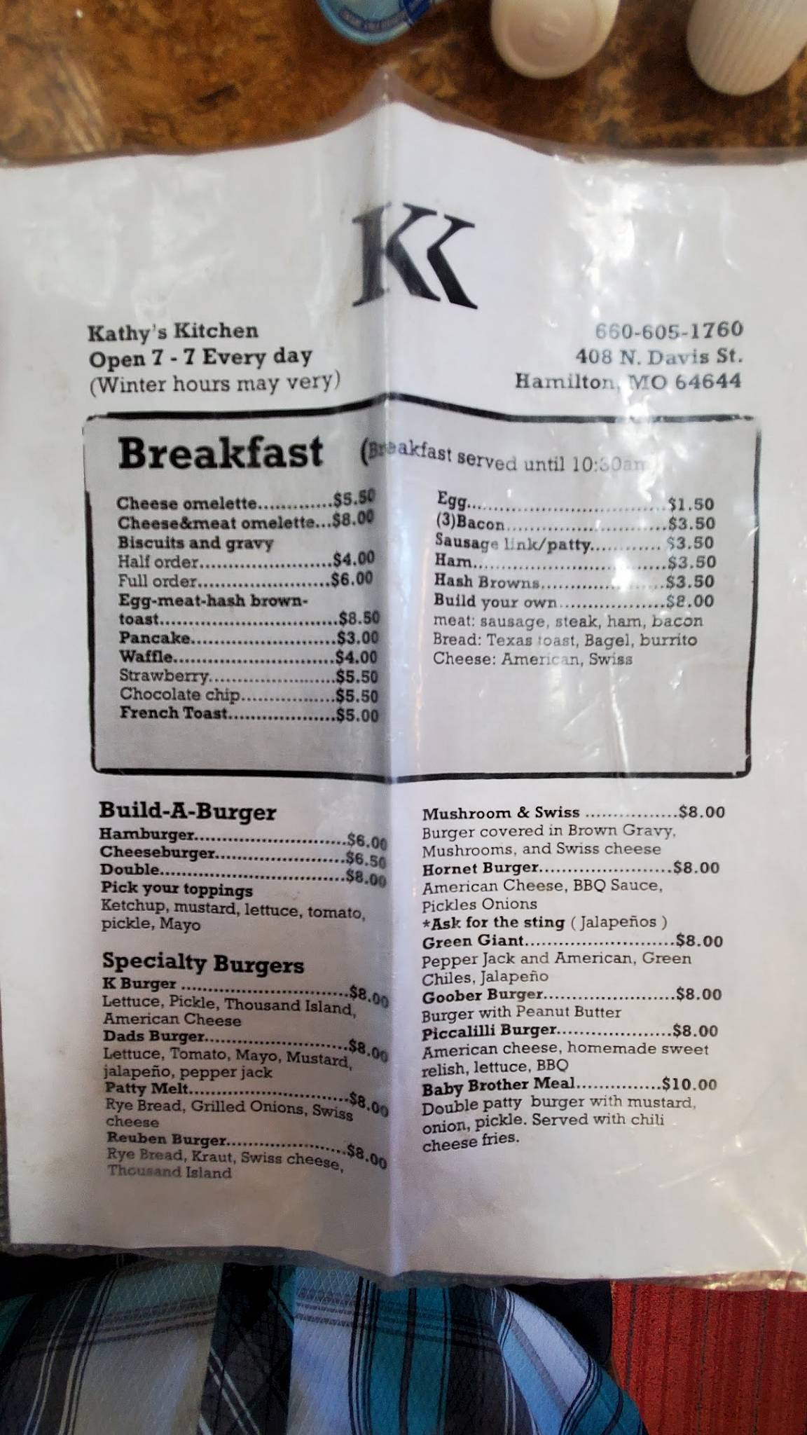 Menu at Kathy's Kitchen restaurant, Hamilton