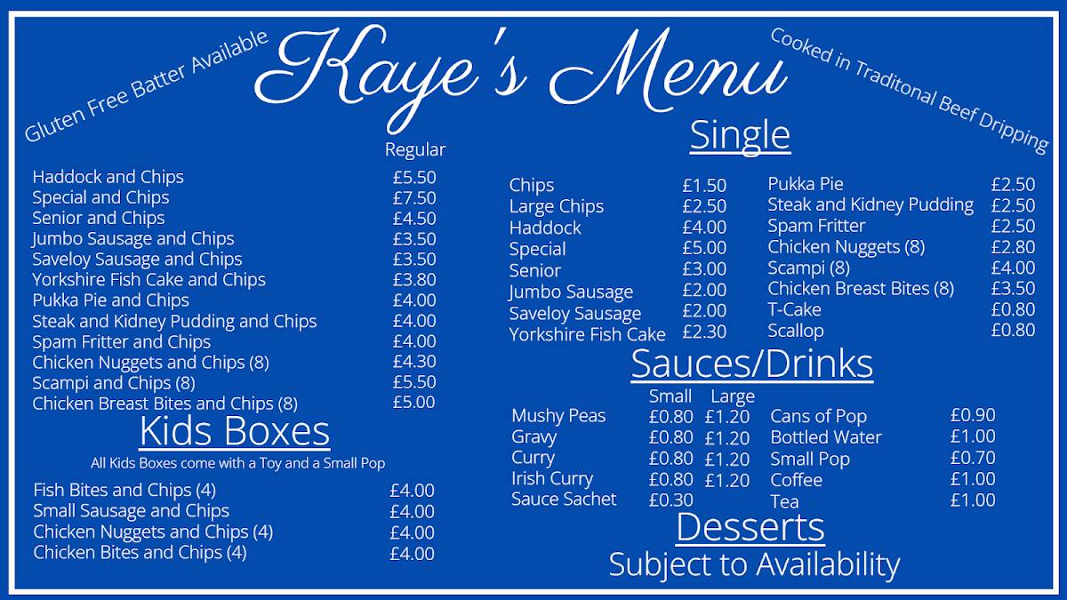 Menu at Kaye's Fish and Chip Shop fast food, Keighley
