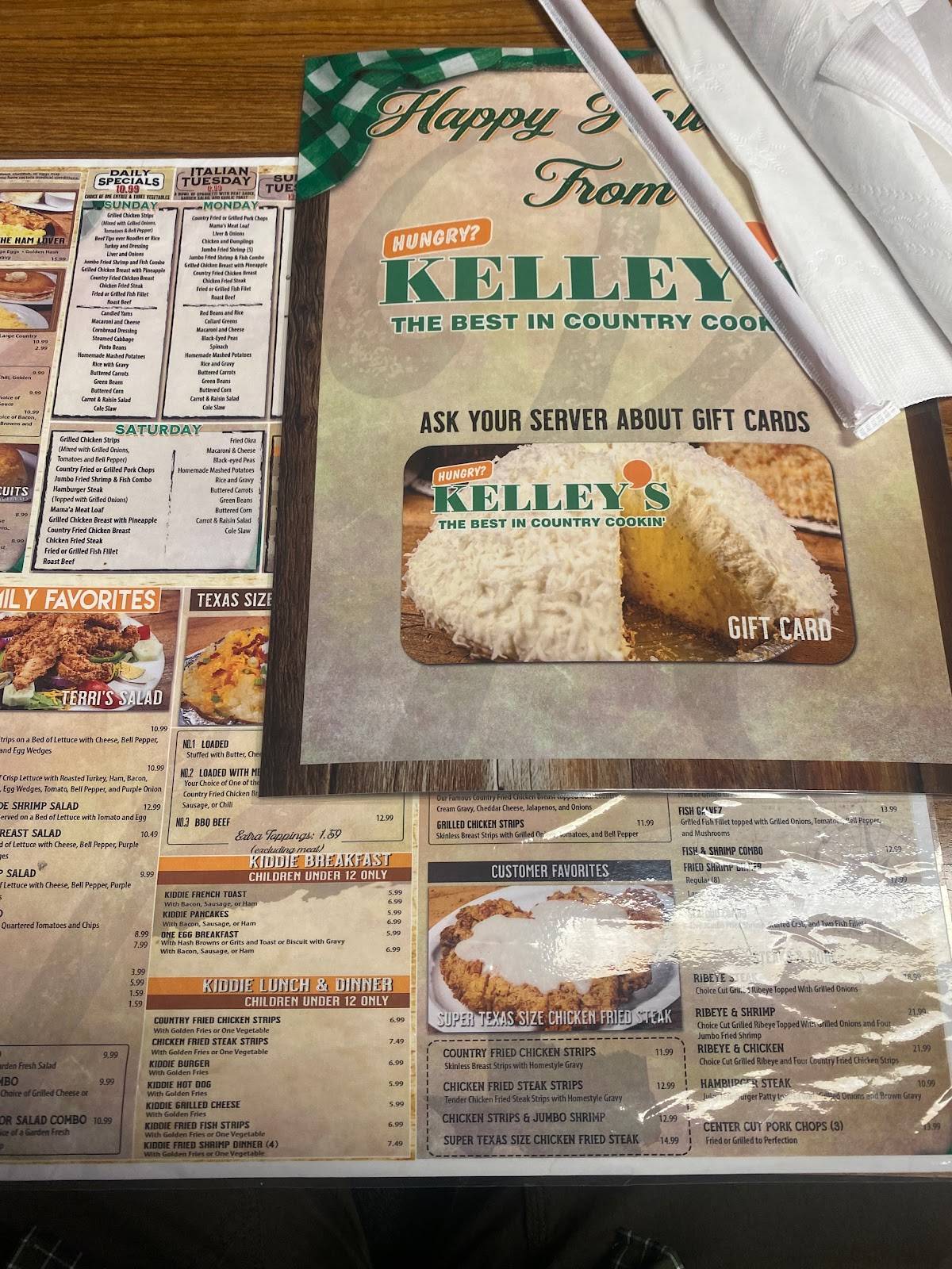 Menu at Kelley's Country Cookin' restaurant, League City, 1502 FM518