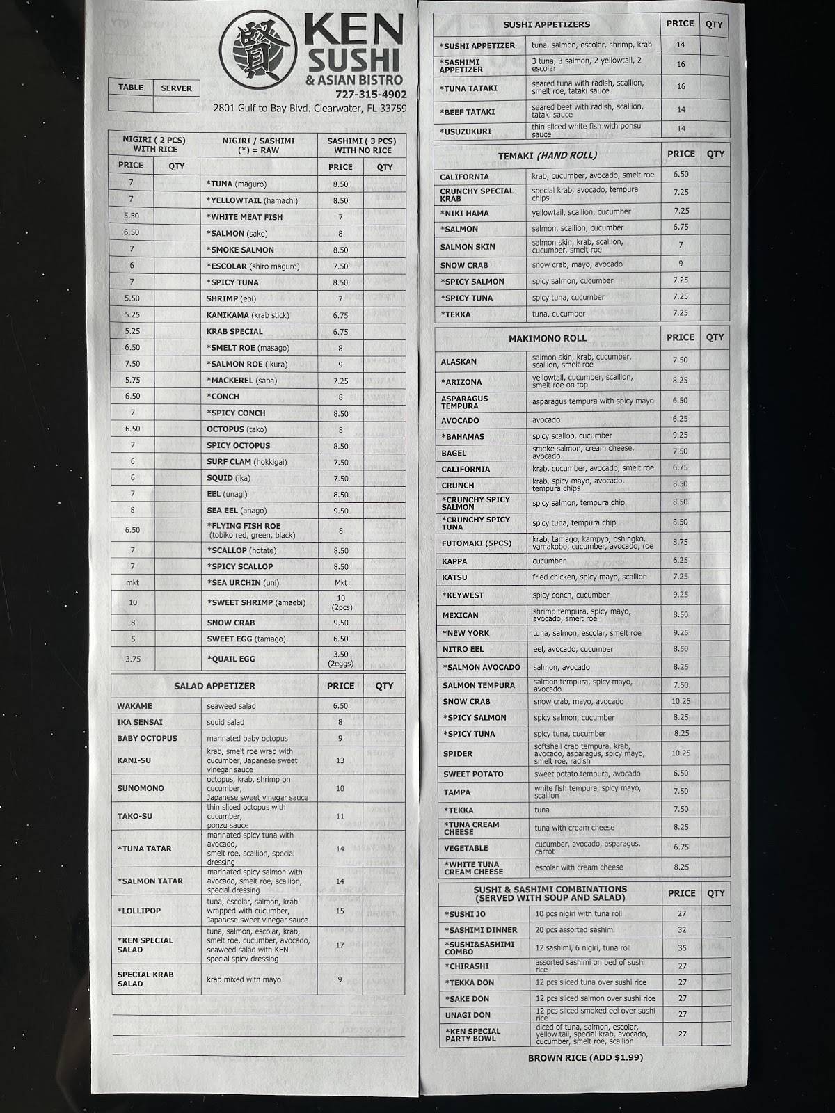 Menu at Ken Sushi & Asian Bistro restaurant, Clearwater, Gulf to Bay Blvd