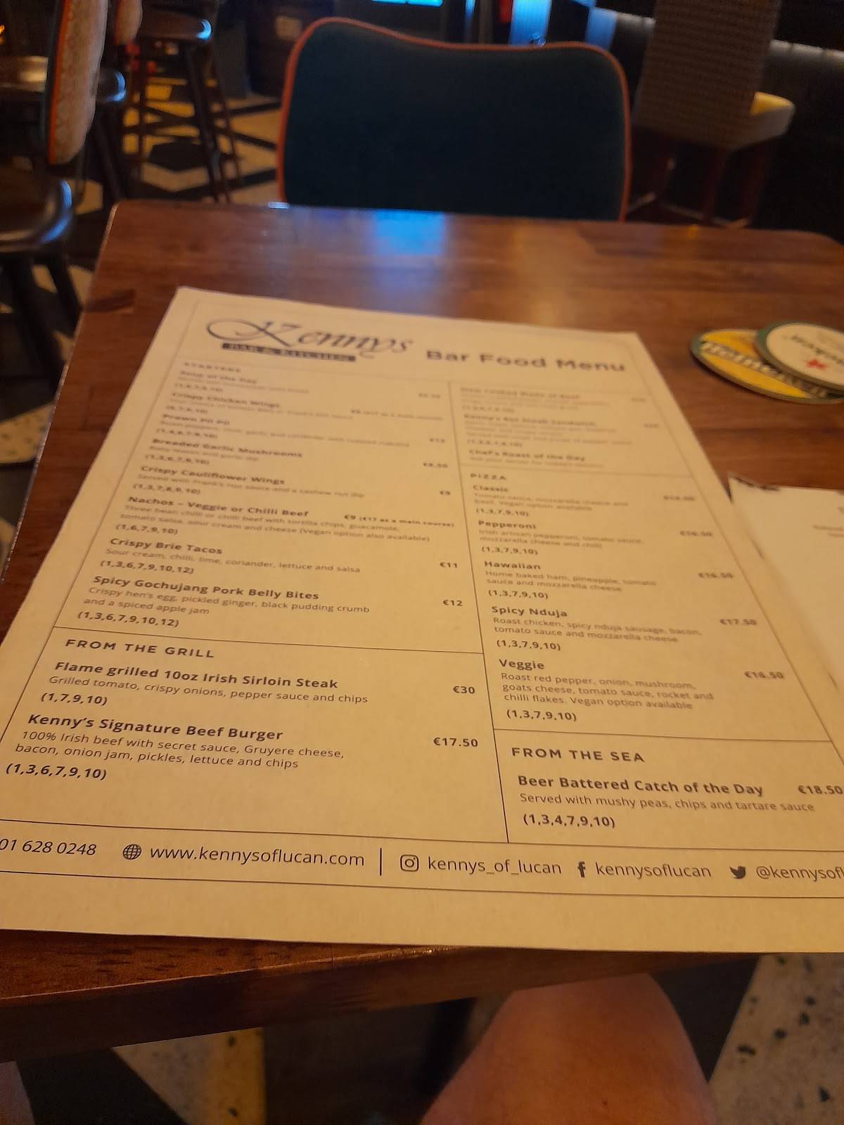 Menu at Kennys of Lucan pub & bar, Dublin