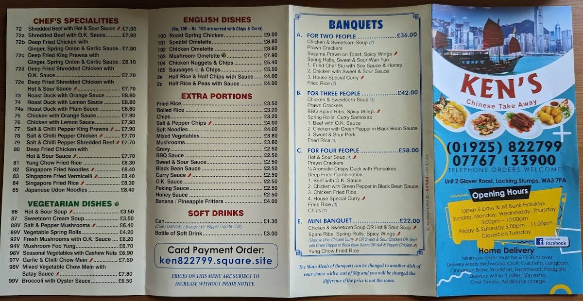 Menu at Ken's Chinese Takeaway restaurant, Birchwood