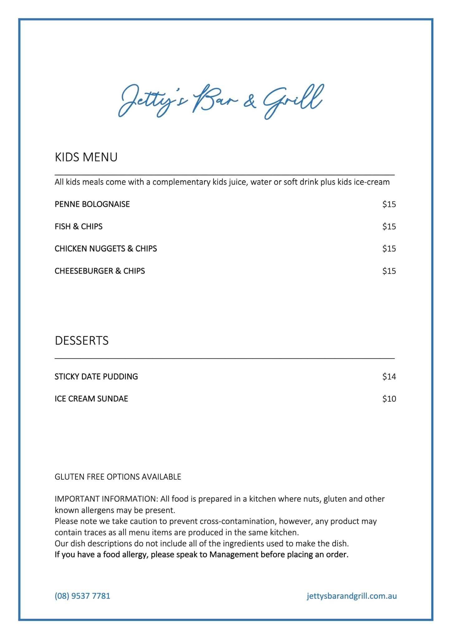 Menu at Jetty's Bar And Grill, South Yunderup