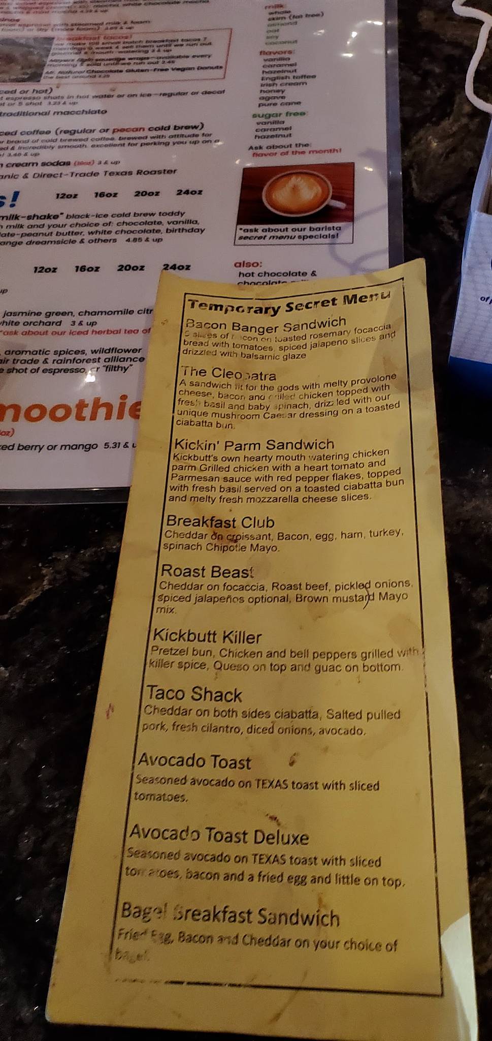 Menu at Kick Butt Coffee pub & bar, Austin, Airport Blvd Suite 725
