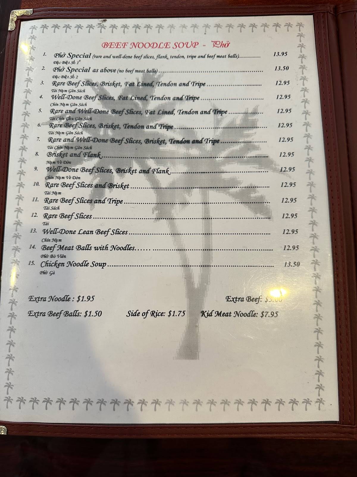 Menu at Kim Huong Vietnamese Restaurant, Salem