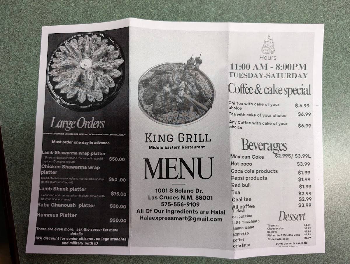Menu at King Grill restaurant, Las Cruces