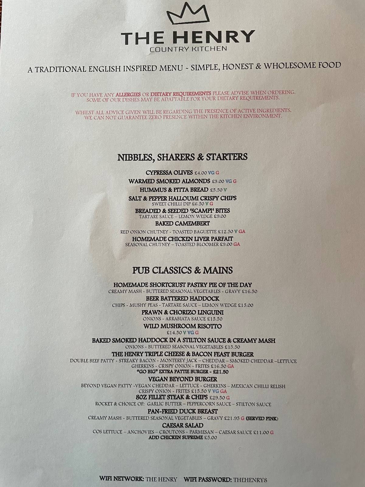 Menu at King Henry Ⅷ pub & bar, Hever