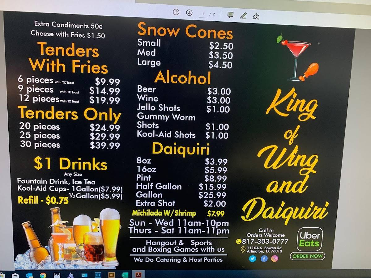 Menu at King Of Wing And Daiquiri pub & bar, Arlington, S Bowen Rd