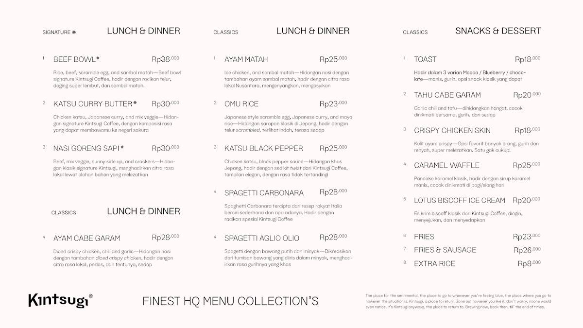 Carta del restaurante Kintsugi Terrace, Bandung