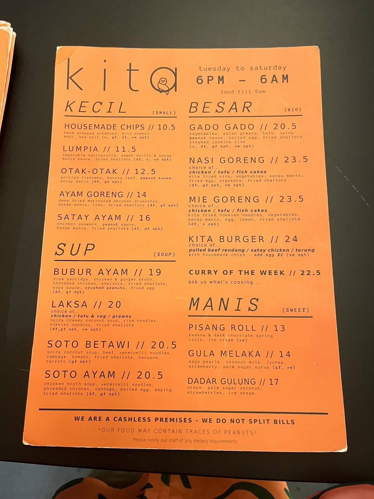 Menu at Kita cafe, Narrabundah