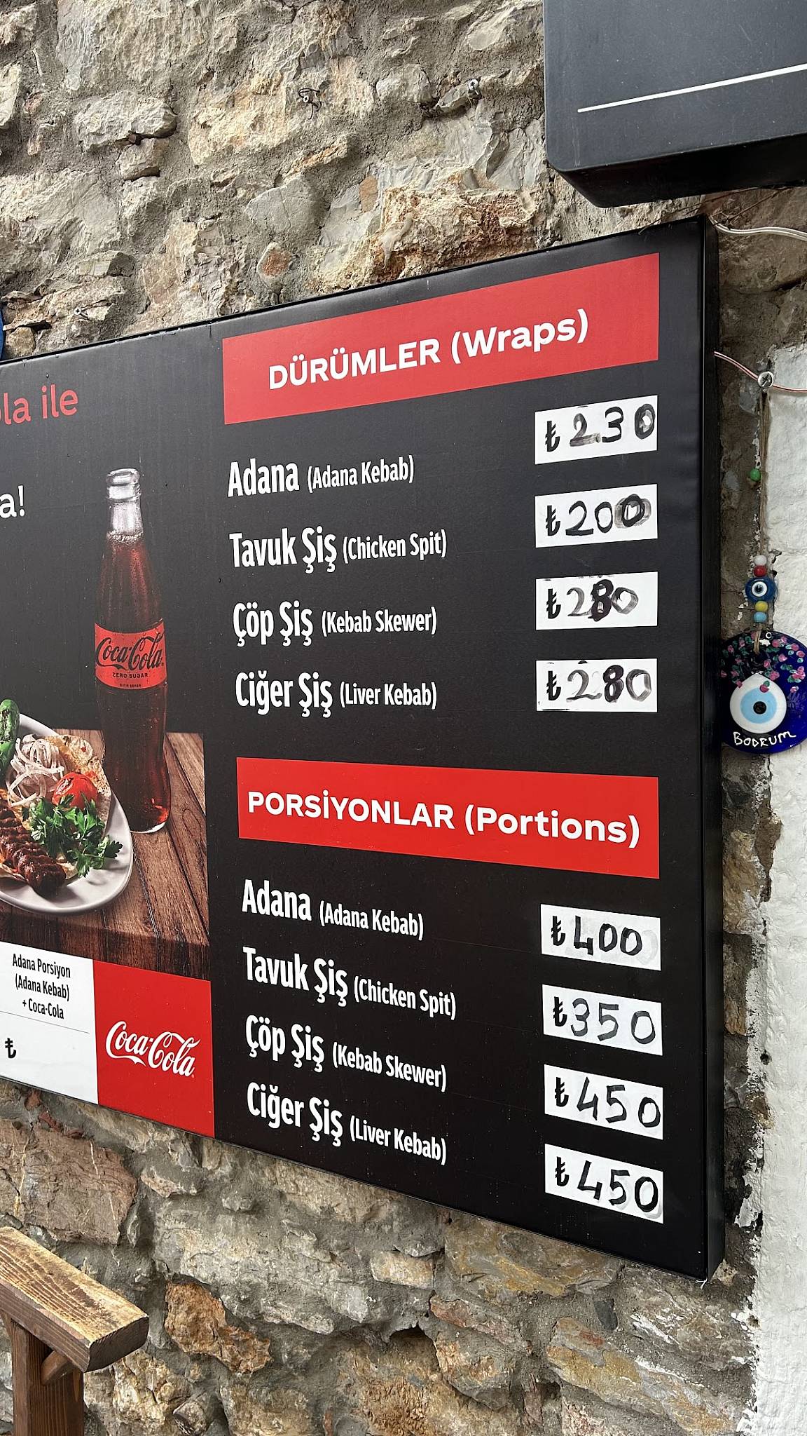 Menu at Kıyma dürüm restorant, Bodrum