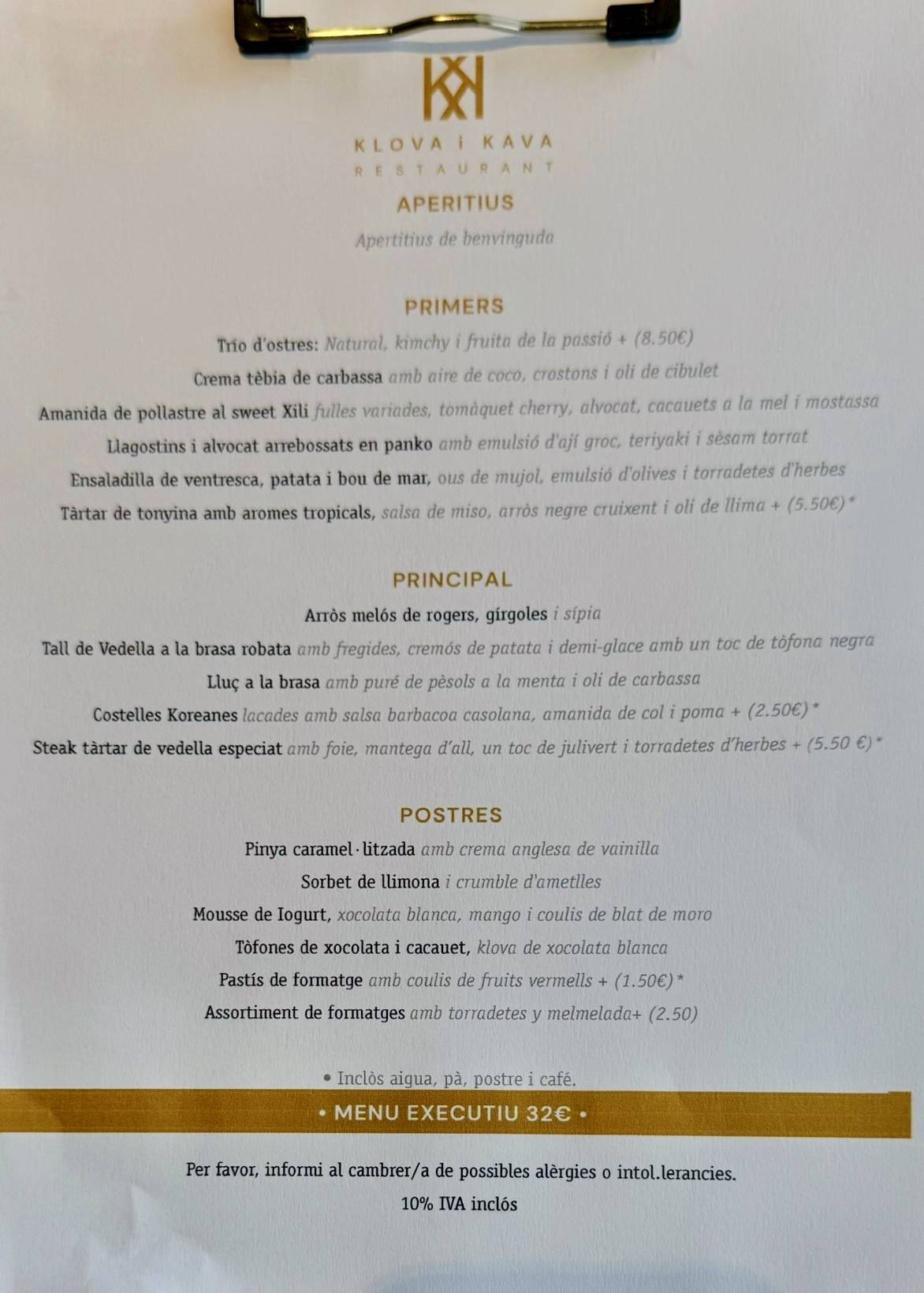Carta de Klova i Kava Restaurant, Viladamat