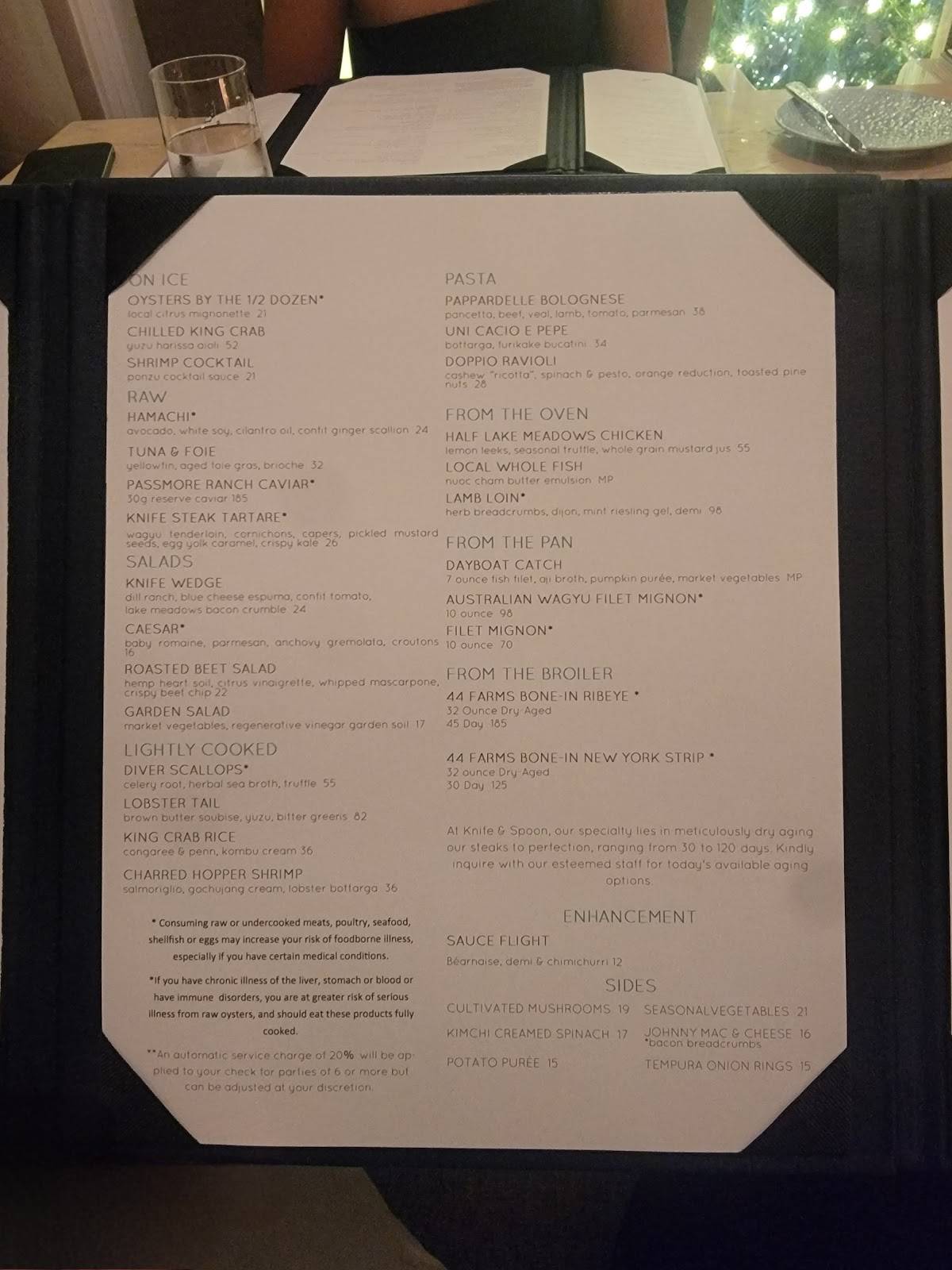 Menu at Knife & Spoon steakhouse, Orlando, Central Florida Pkwy