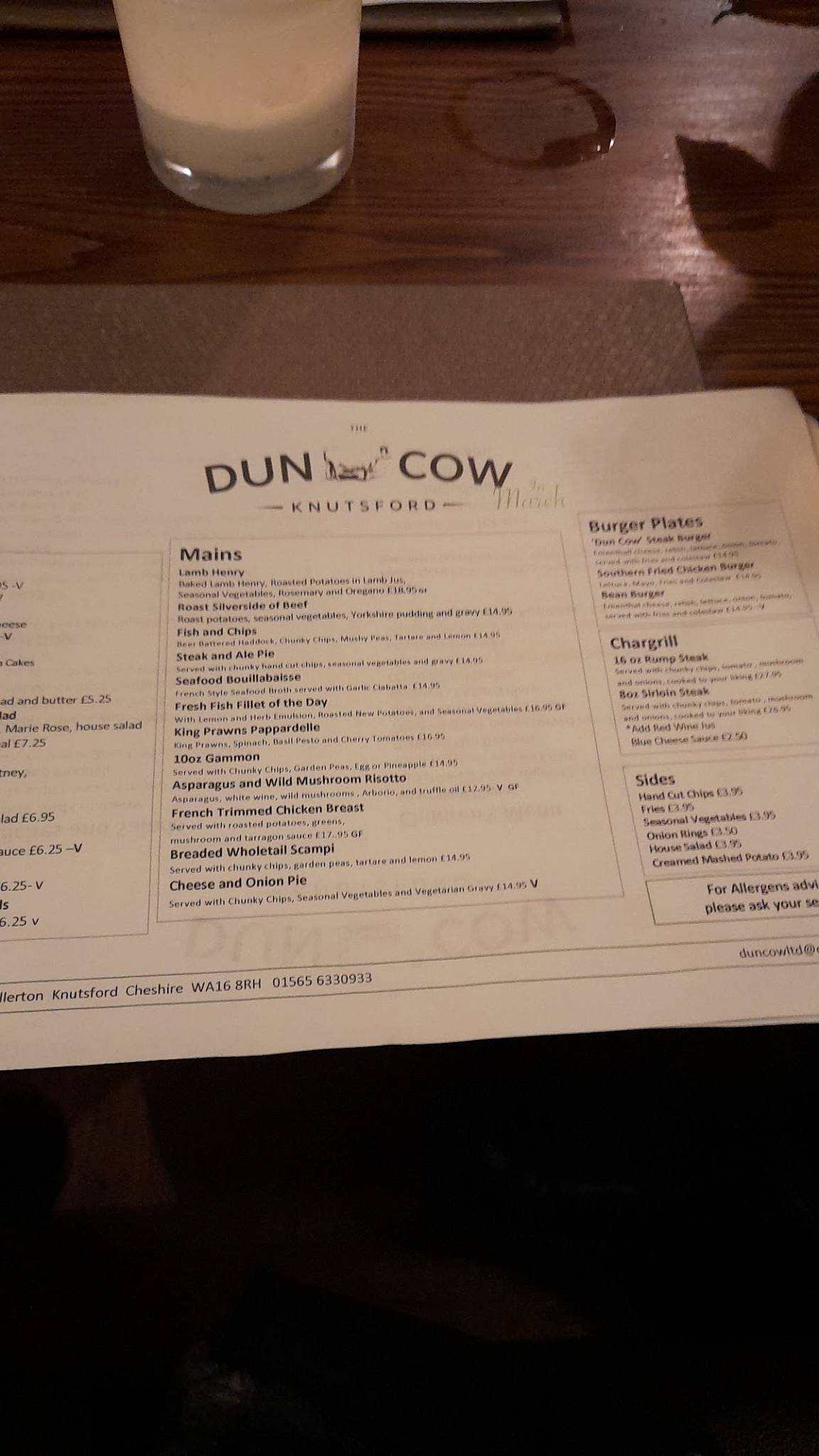 Menu at Dun Cow pub & bar, Ollerton, Chelford Rd