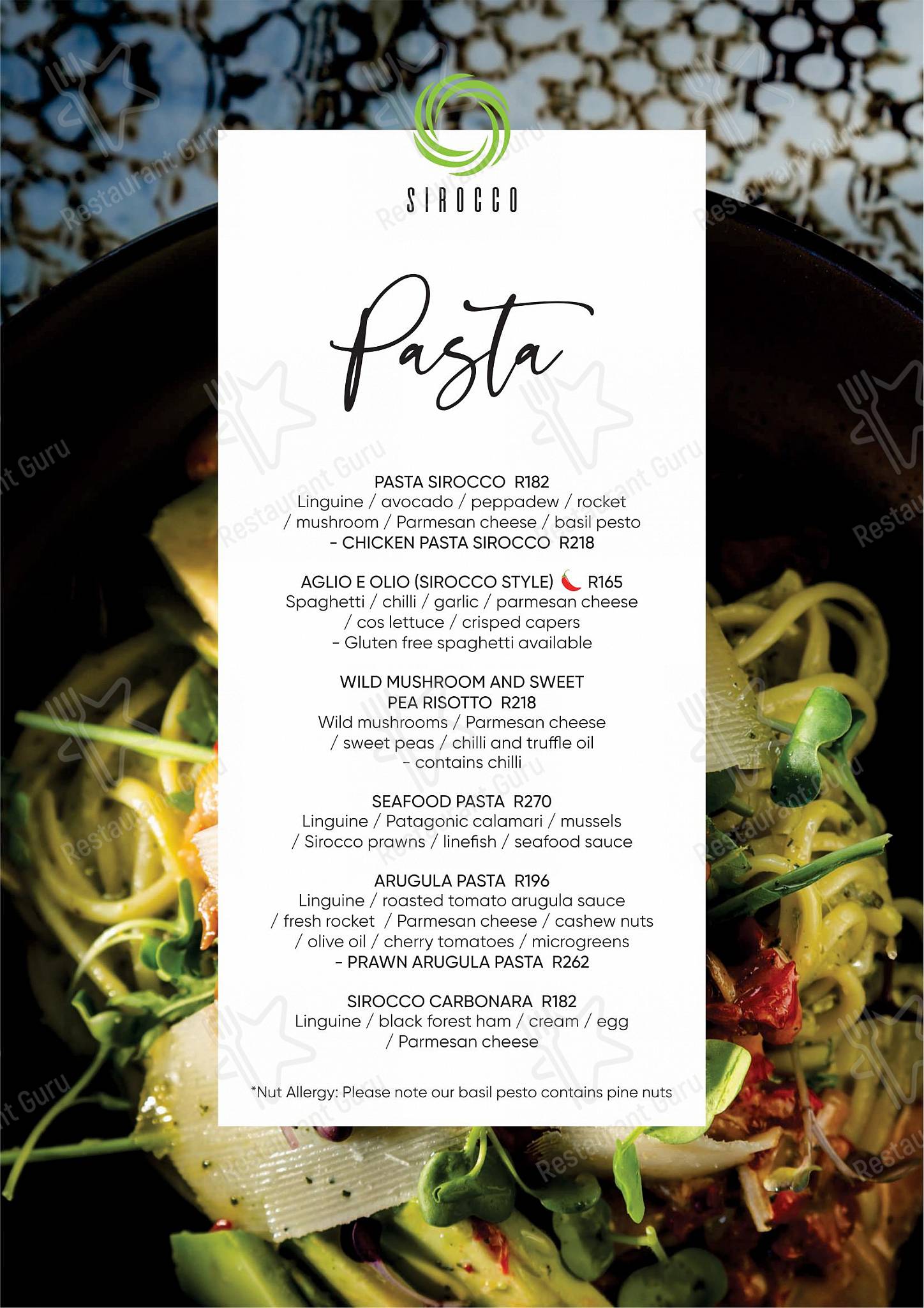 Menu at Sirocco restaurant, Knysna, 28