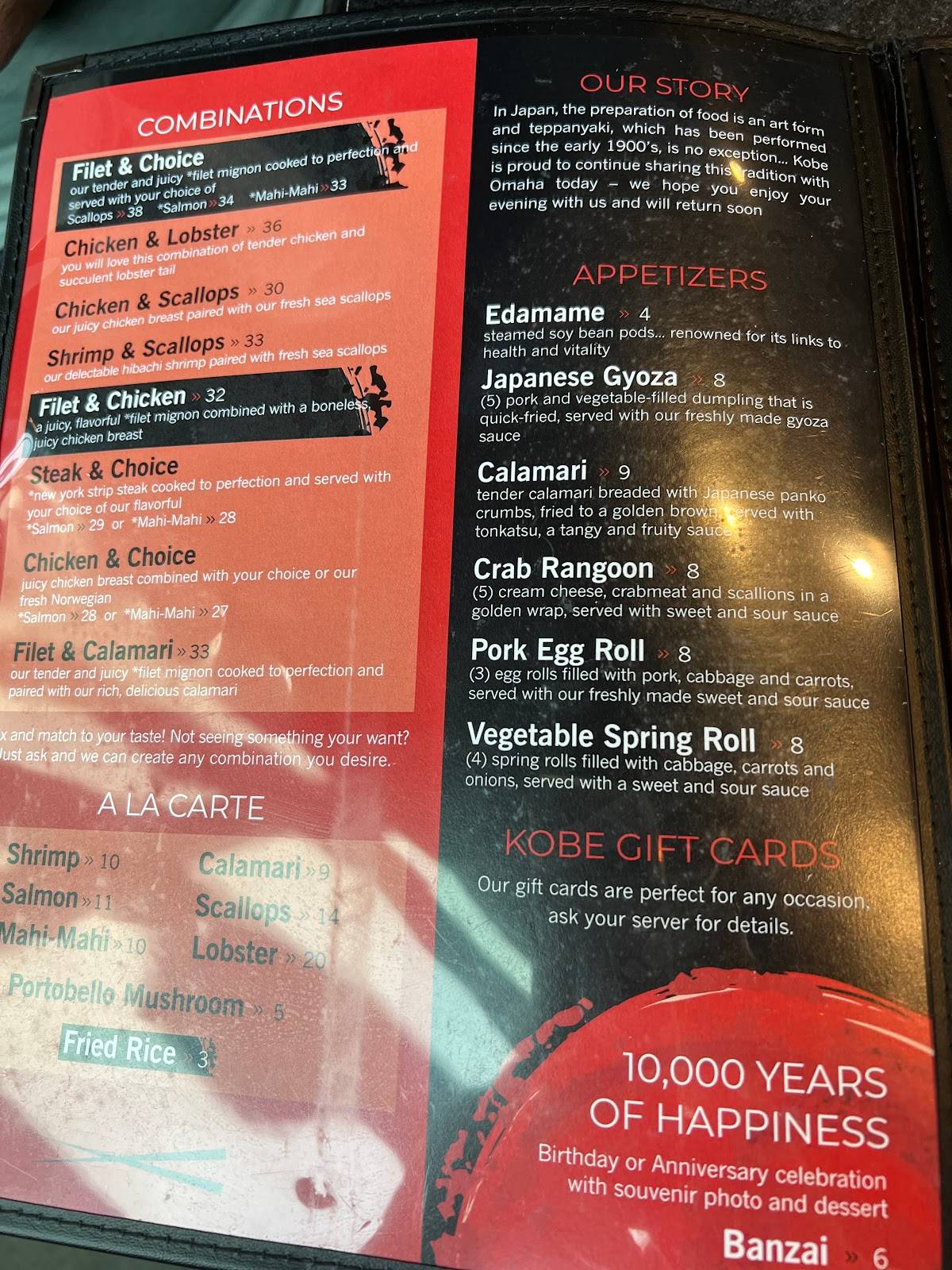 Menu at Kobe Japanese Steakhouse, Lawrence