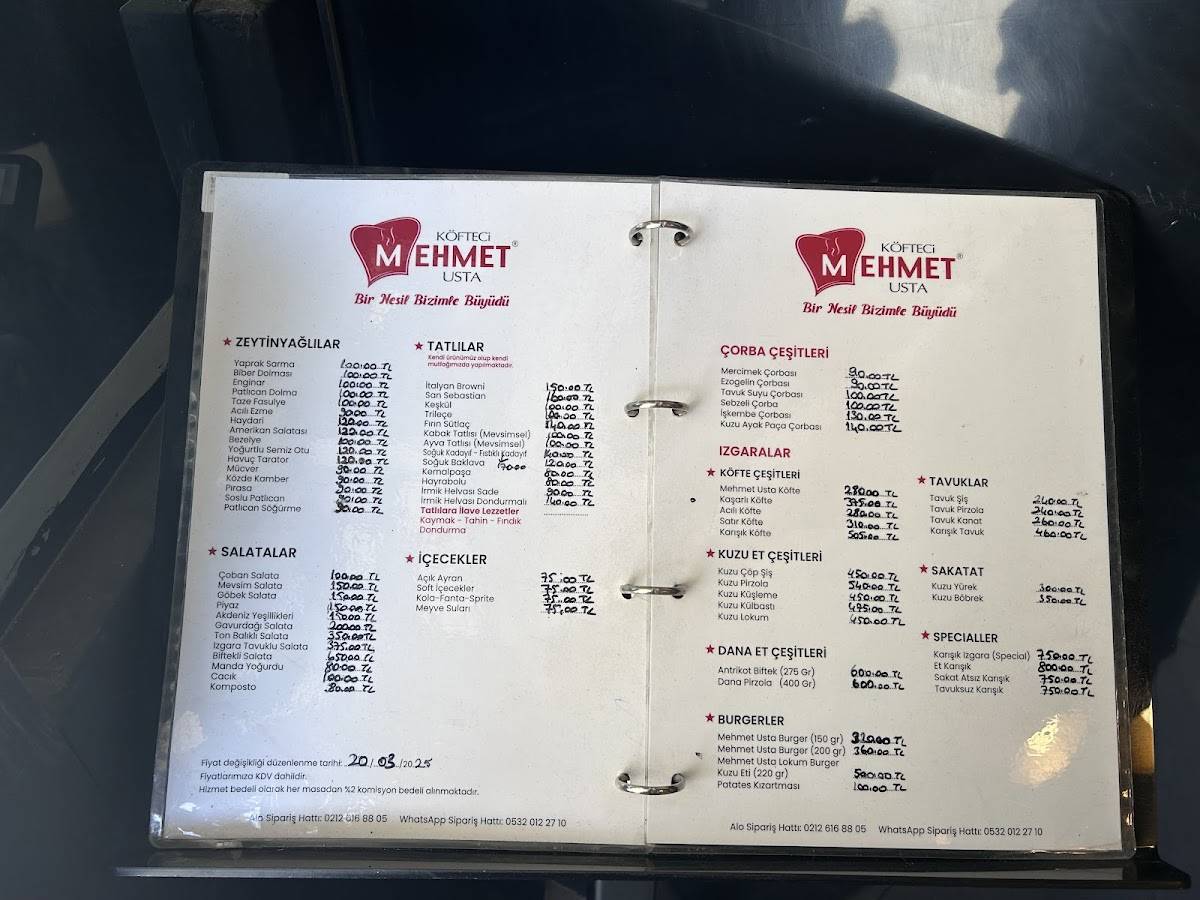 Menu au Köfteci Mehmet Usta restaurant, Istanbul, Şht. Kamil Balkan Cd ...