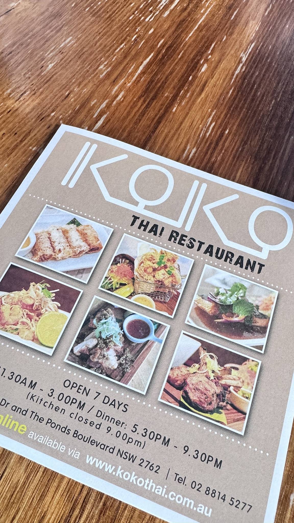 Menu at Koko Thai Restaurant, The Ponds