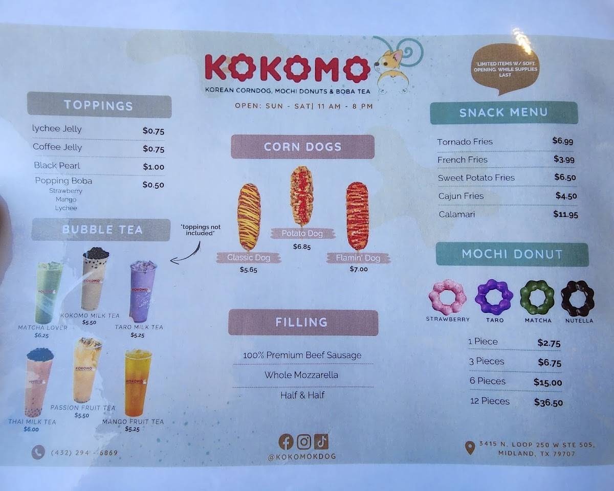 Menu at Kokomo Korean Corn Dog, Mochi Donuts & Boba Tea restaurant, Midland