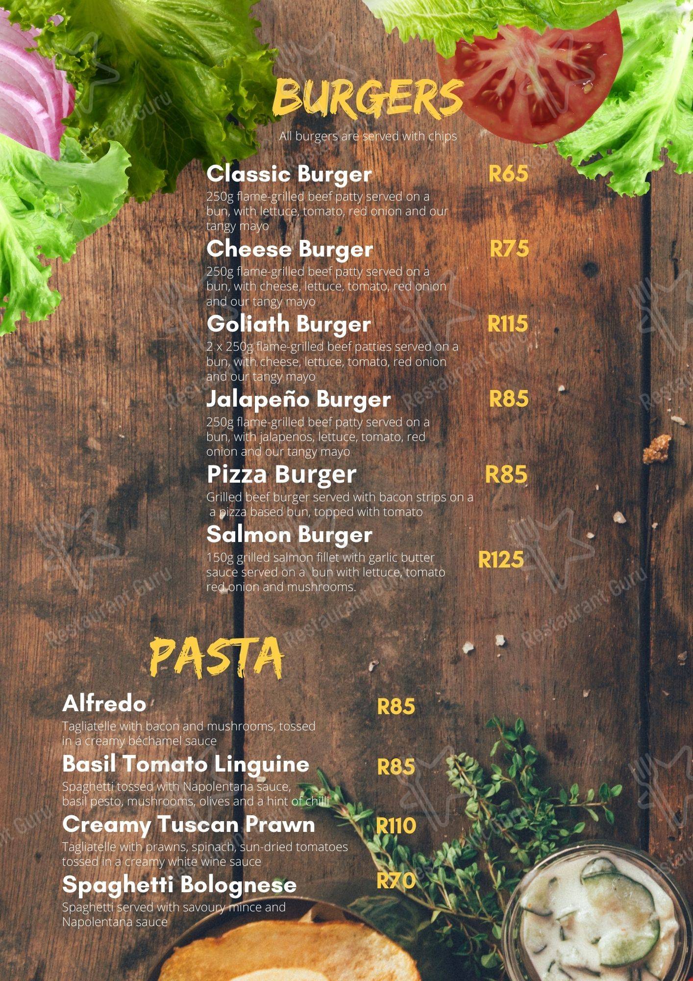 Menu at Kommietjies restaurant, Cradock