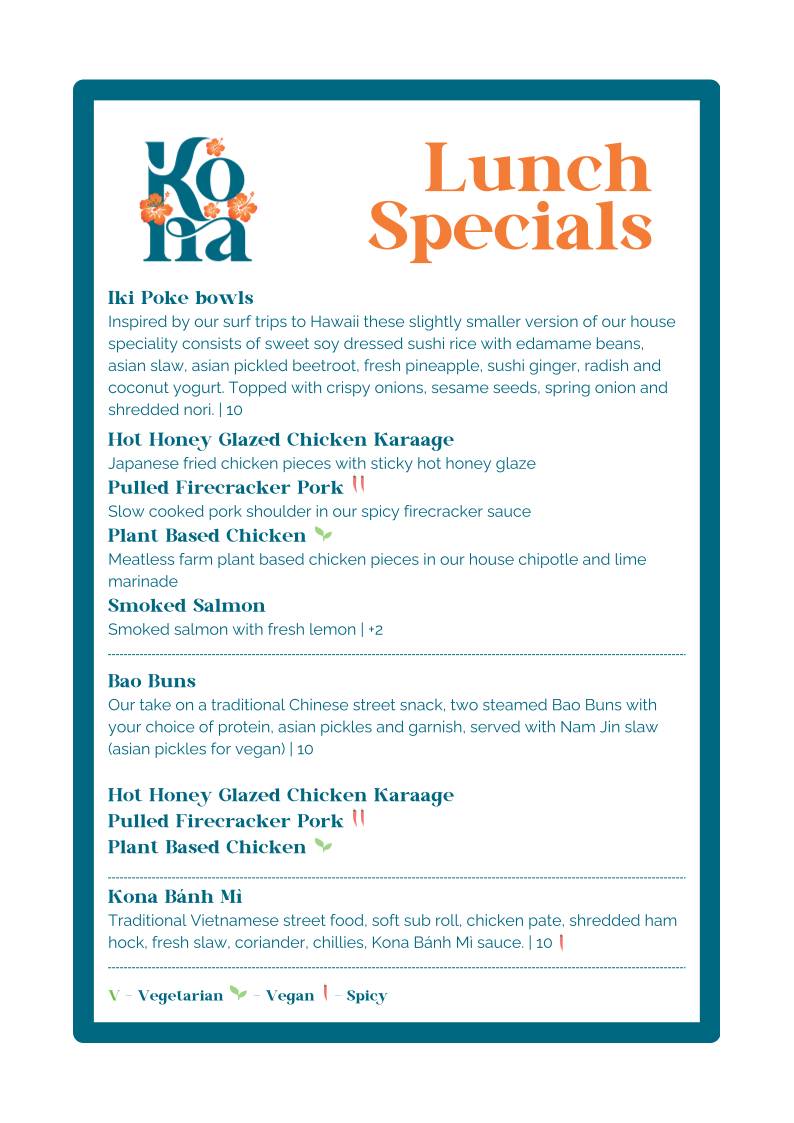 Menu at Kona pub & bar, Falmouth