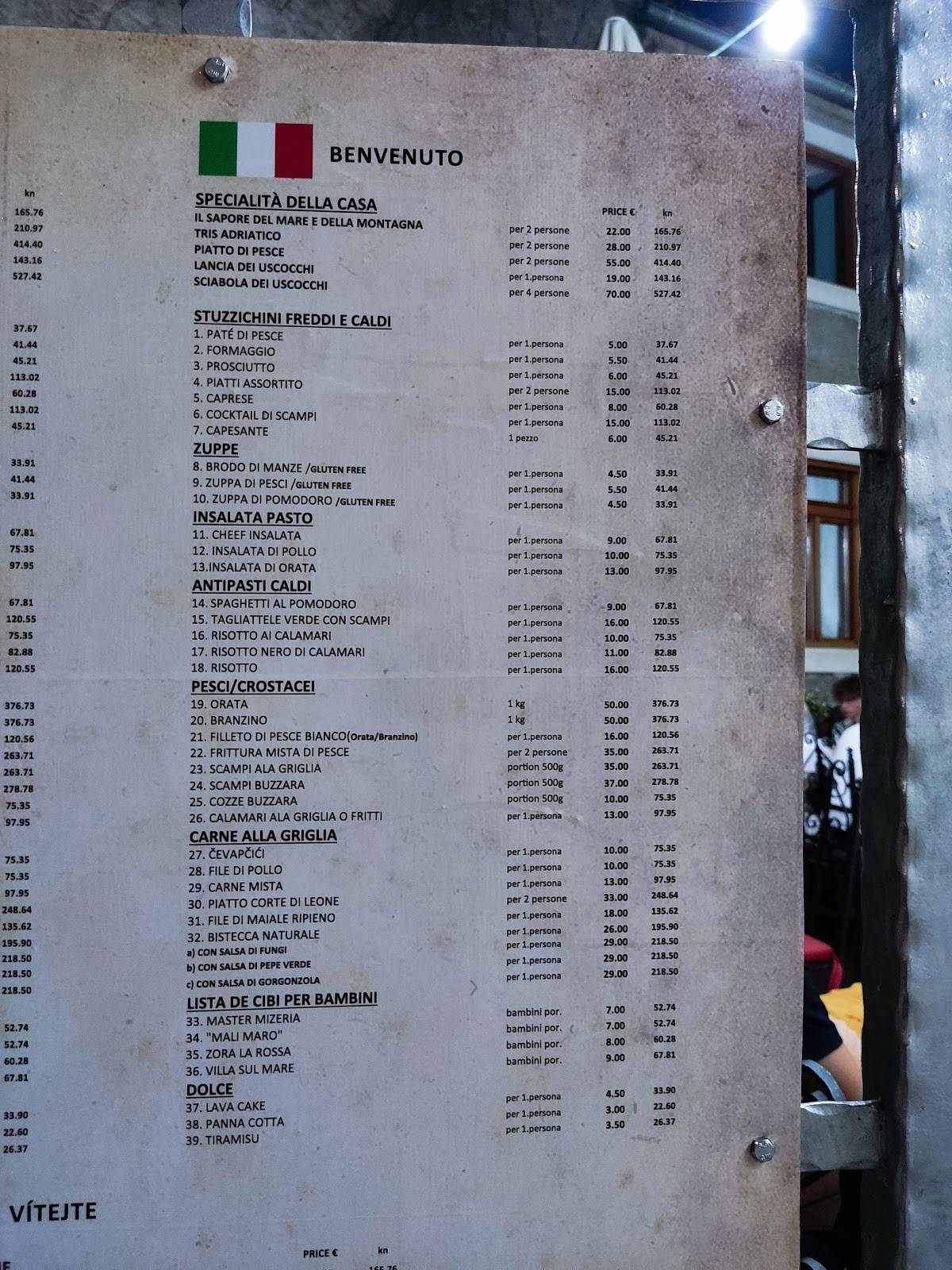 Menu au Konoba "Lavlji Dvor" restaurant, Senj