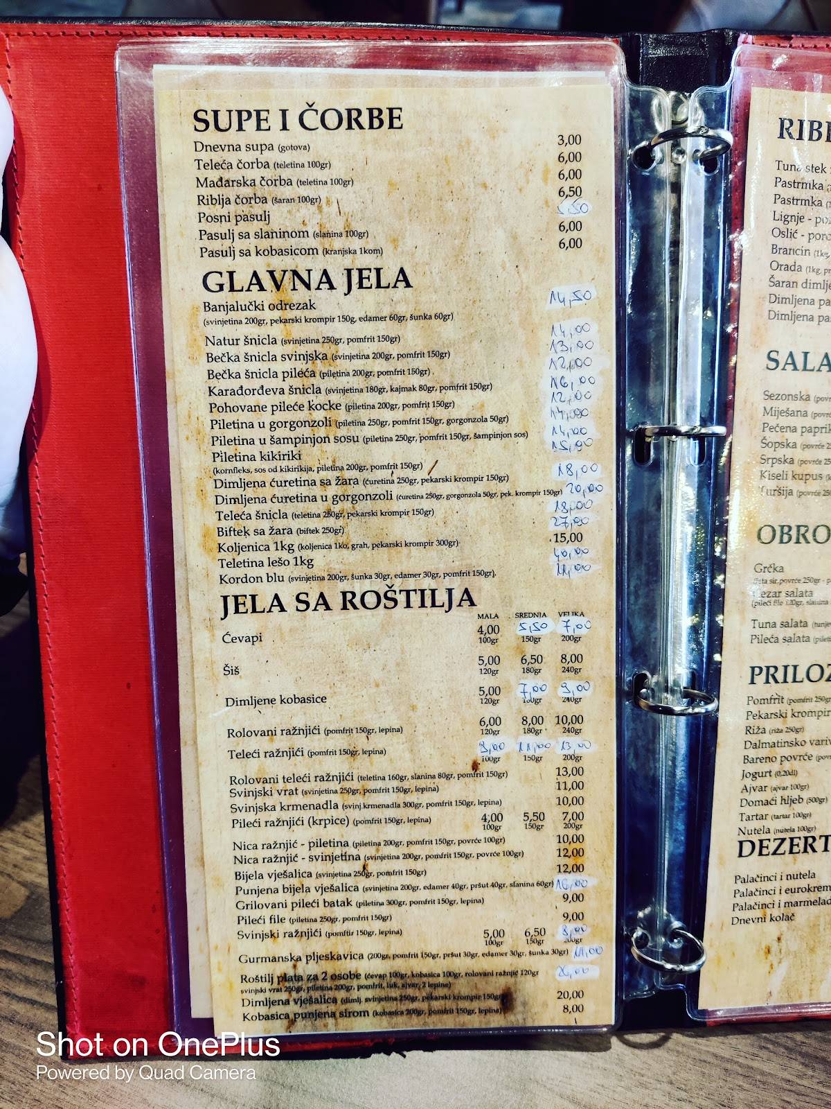 Menu at Konoba Nica restaurant, Banja Luka, Užička