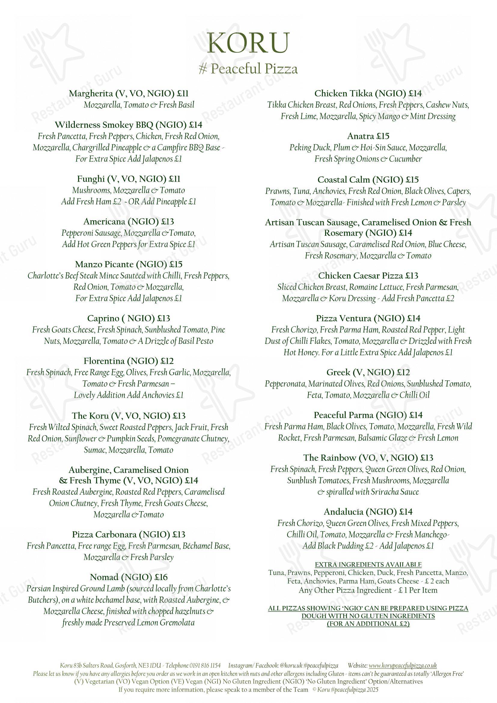 Menu at Koru Peaceful Pizza restaurant, Newcastle upon Tyne
