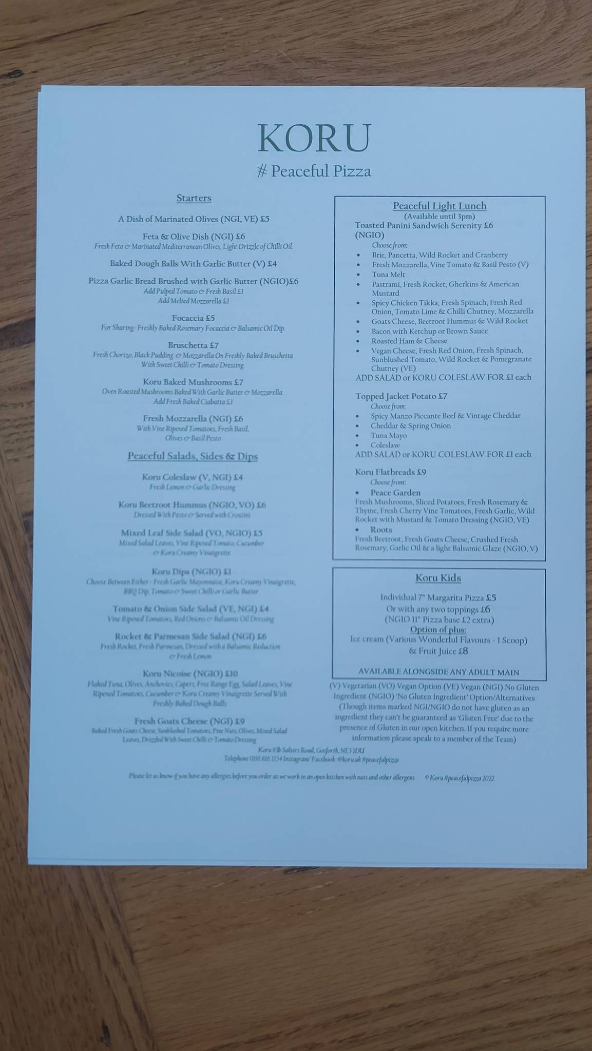 Menu at Koru Peaceful Pizza restaurant, Newcastle upon Tyne