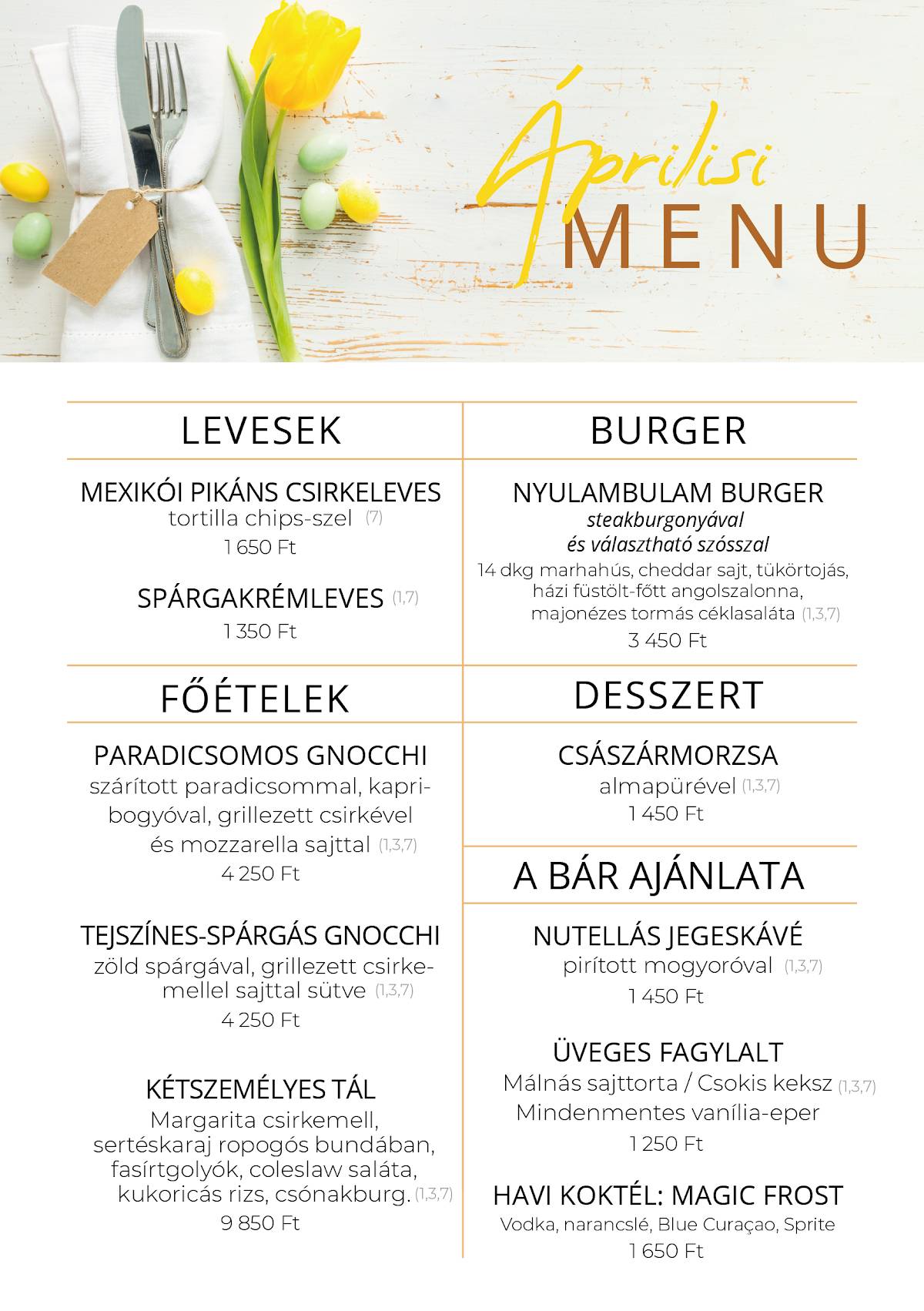 Menu at Kosi Bisztró restaurant, Nagyatád