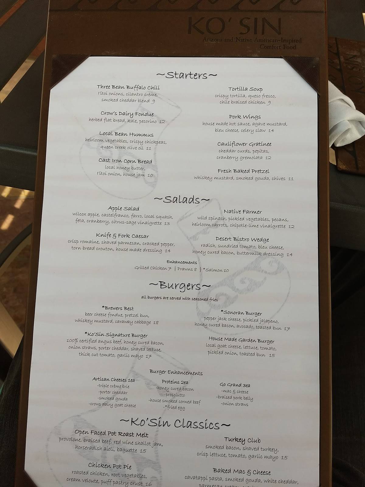 Menu at Ko'sin restaurant, Phoenix