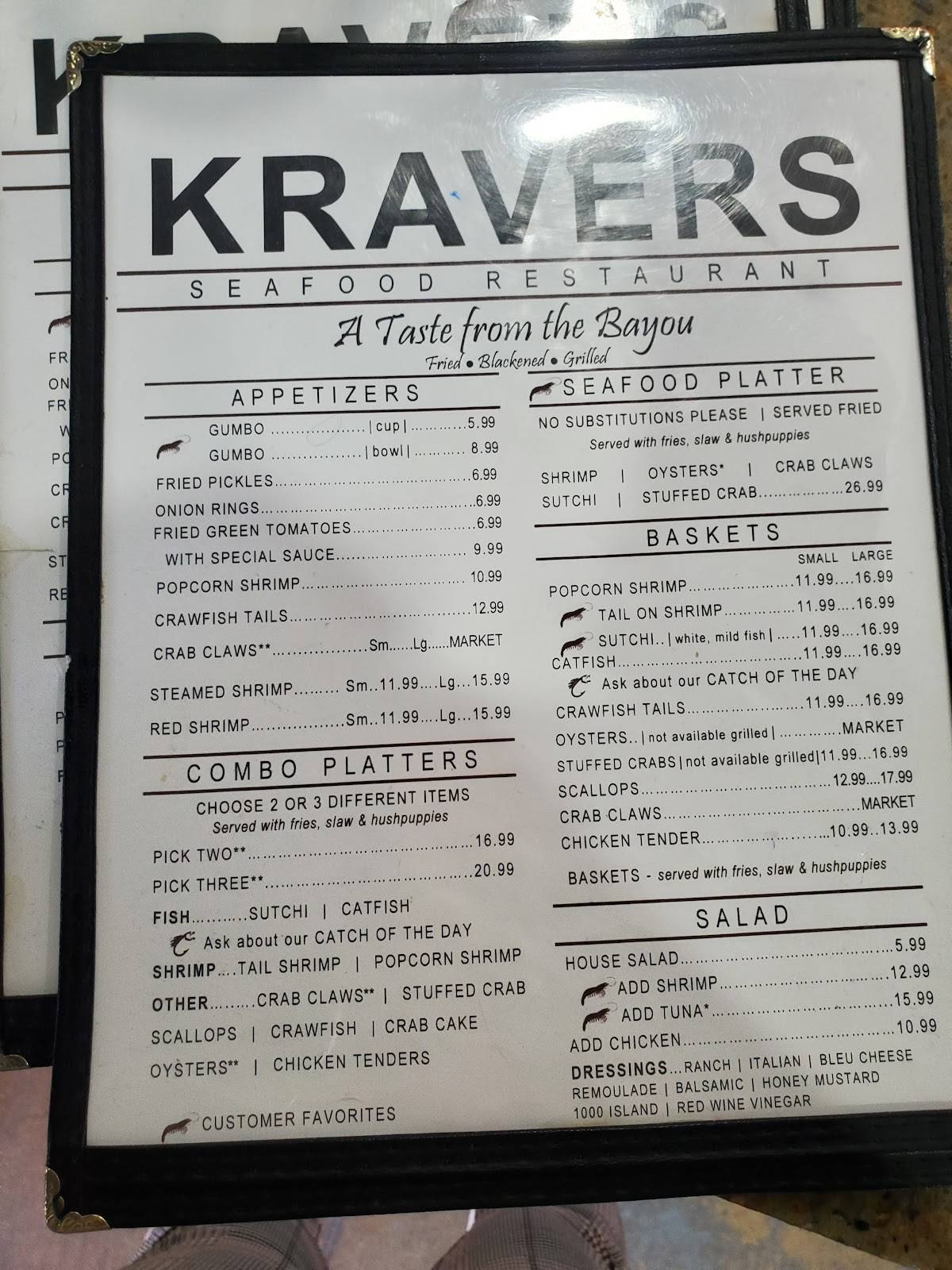 Menu at Kravers Seafood Daphne restaurant, Daphne