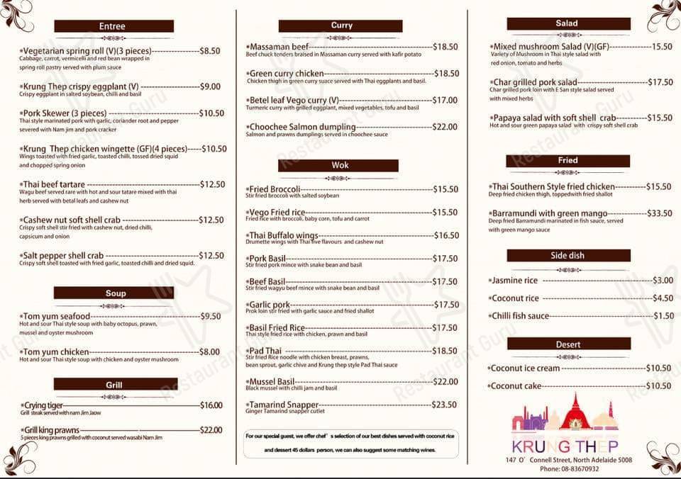 Menu at Krung Thep Thai adelaide restaurant, North Adelaide