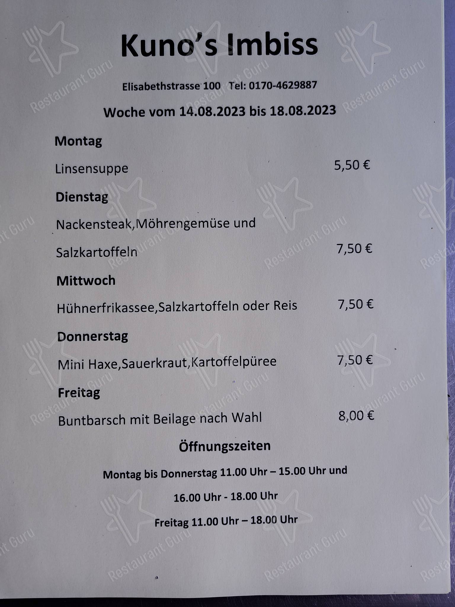 Speisekarte von Kuno's Imbiss pub & Bar, Bremen