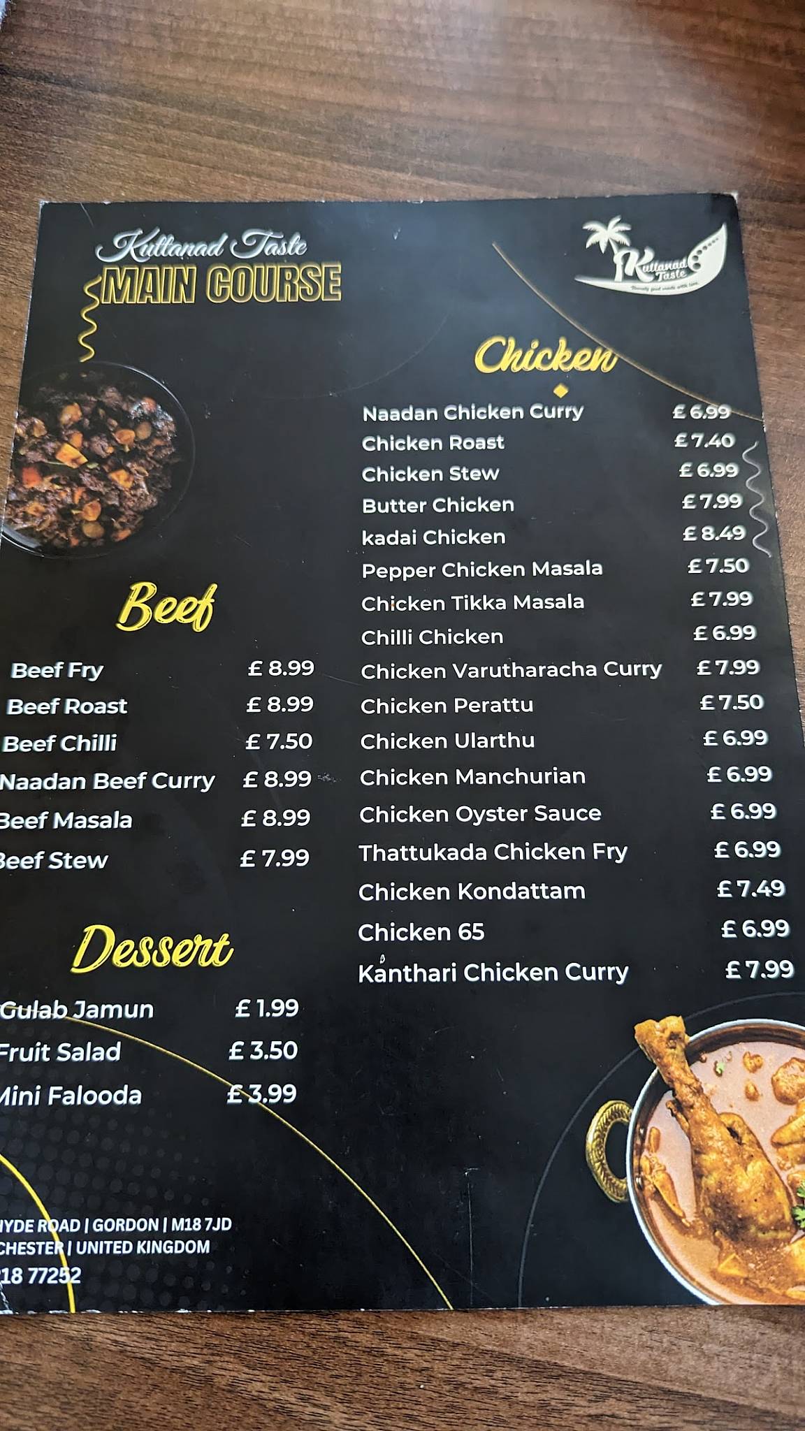 Menu at Kuttanad Taste, a Kerala restaurant, Manchester