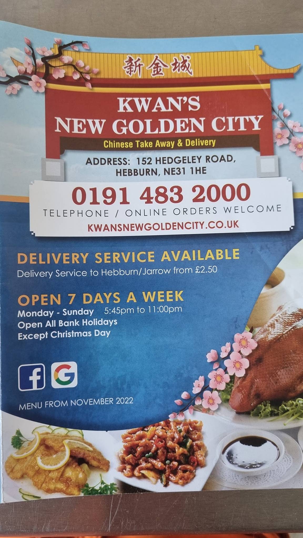 Menu at Kwan's New golden City fast food, Hebburn, 152 Hedgeley Rd