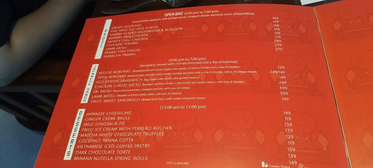 Menu at Kyoto, Manipal